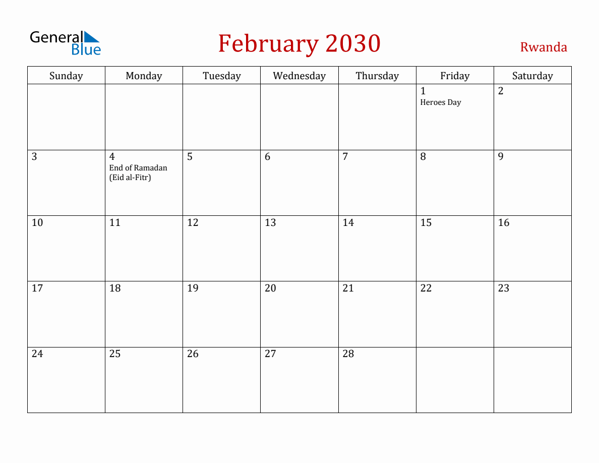February 2030 Rwanda Monthly Calendar with Holidays
