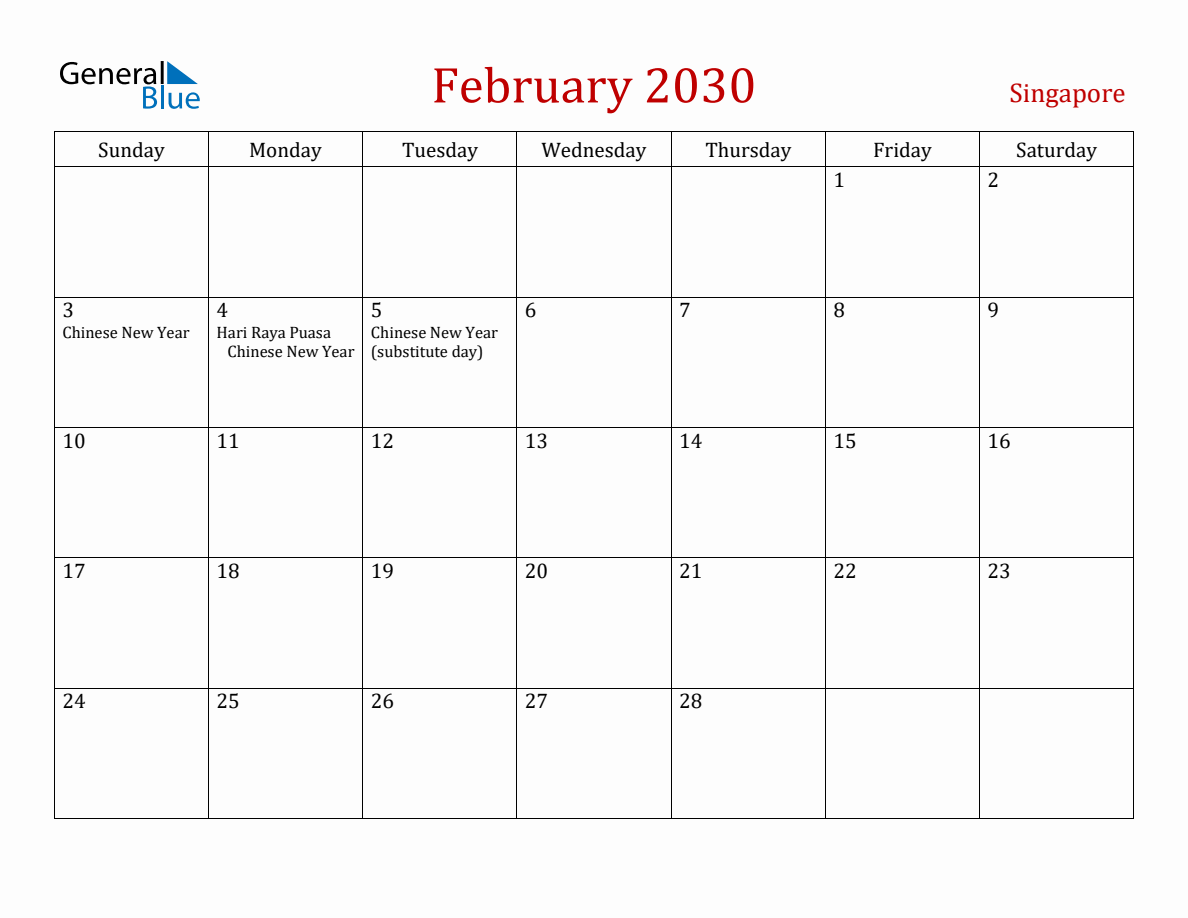 February 2030 Singapore Monthly Calendar with Holidays