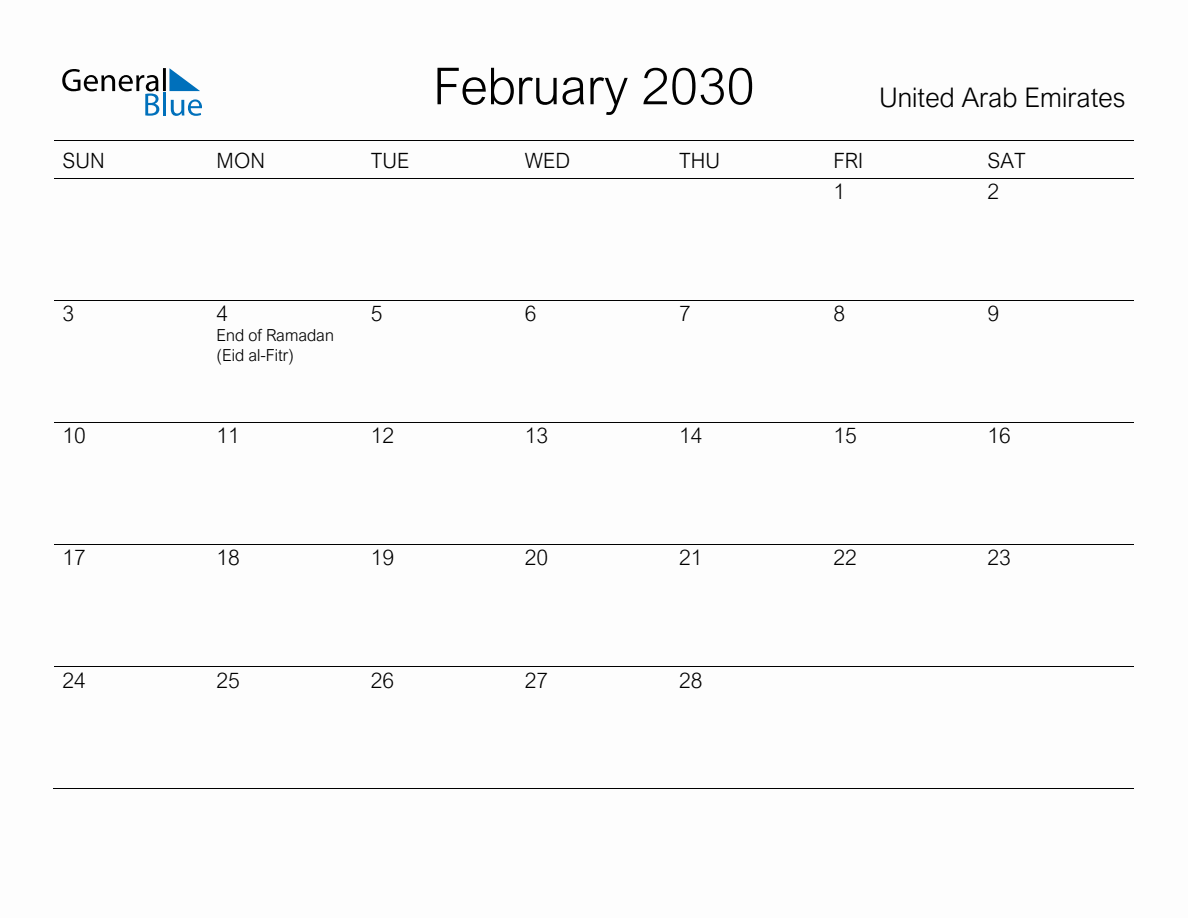 Printable February 2030 Monthly Calendar with Holidays for United Arab ...