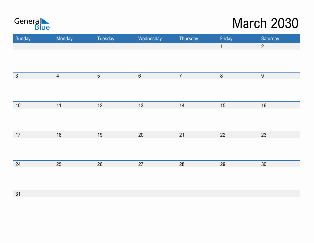 Editable Calendar Template for March 2030