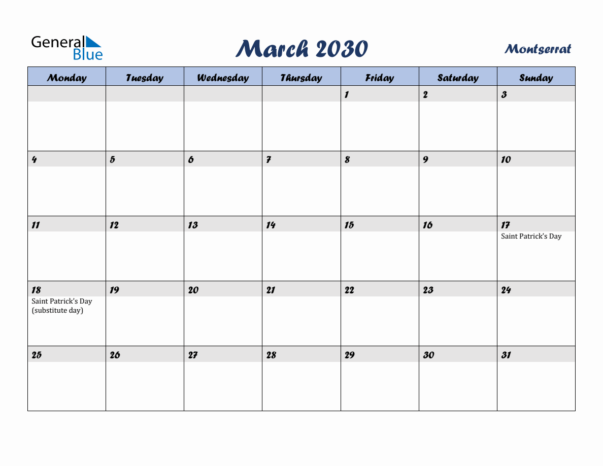 March 2030 Monthly Calendar Template with Holidays for Montserrat ...