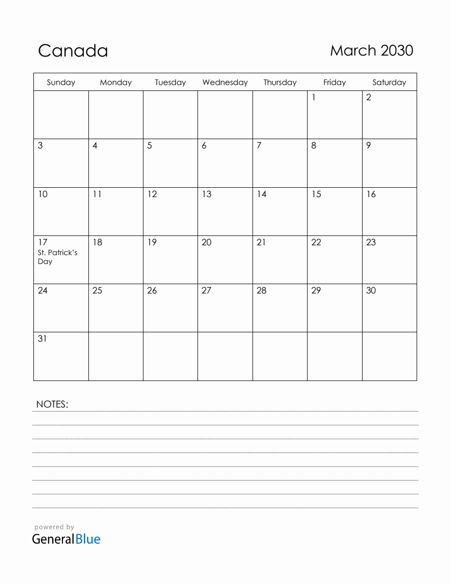 March 2030 Canada Calendar with Holidays
