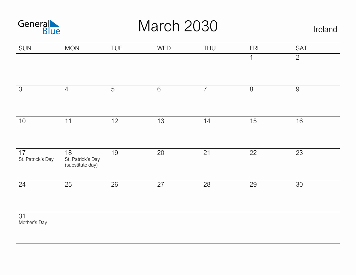 Printable March 2030 Monthly Calendar with Holidays for Ireland