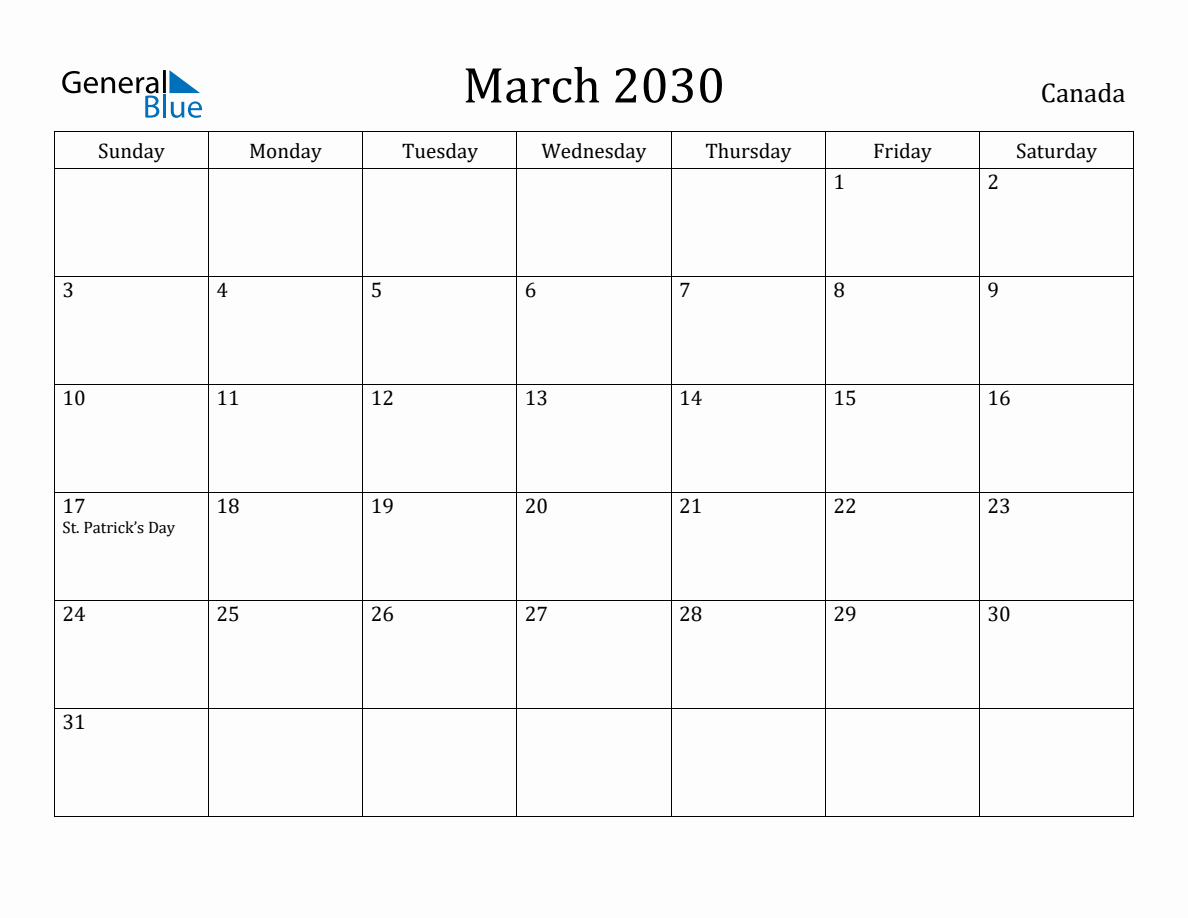 March 2030 Monthly Calendar with Canada Holidays