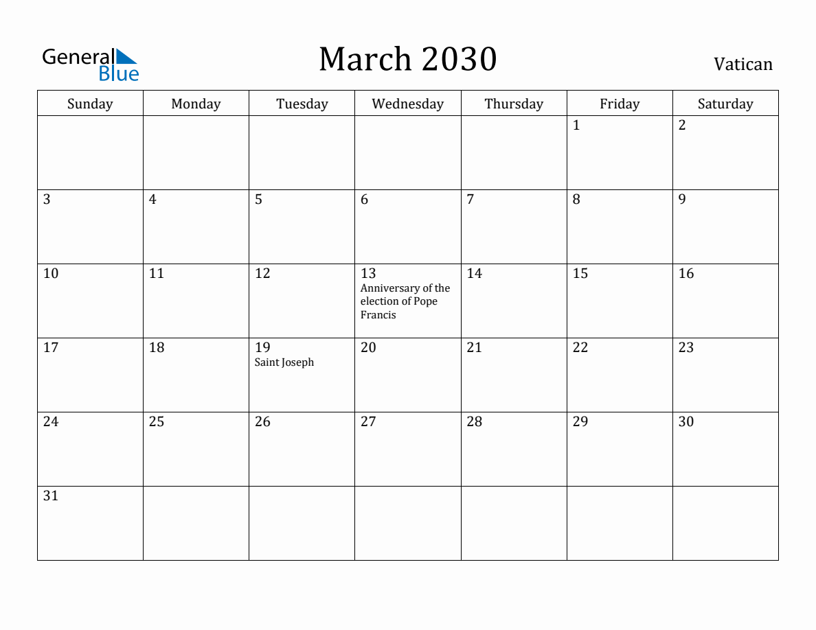 March 2030 Monthly Calendar with Vatican Holidays