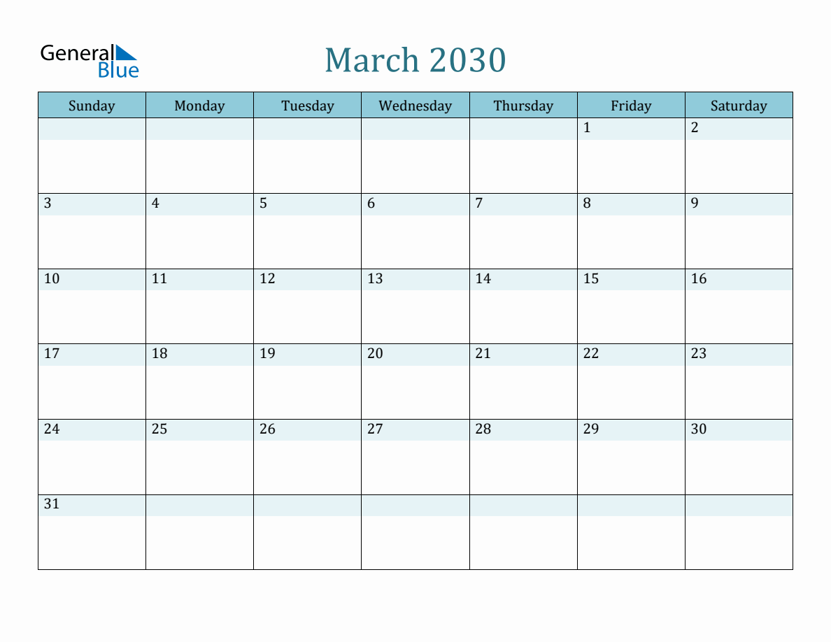 March 2030 Monthly Calendar Template