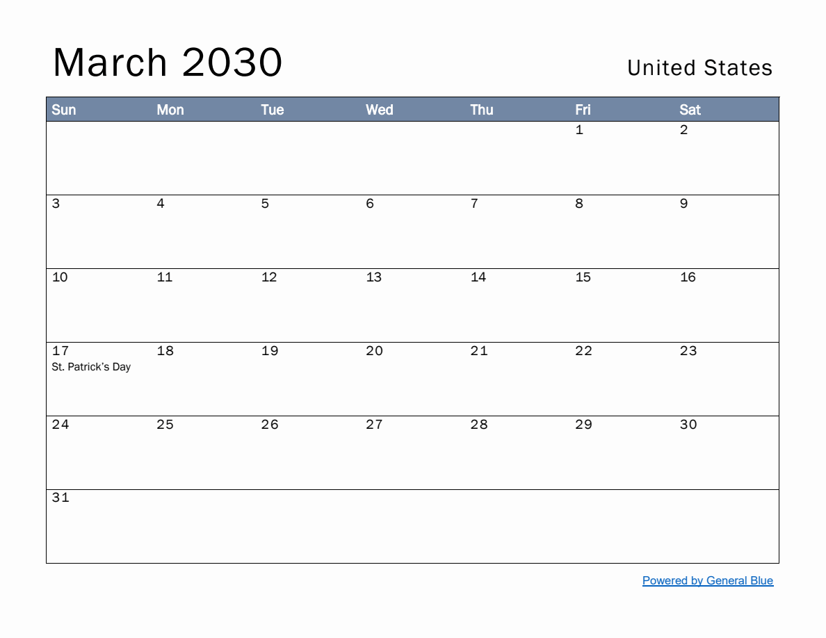 Free Monthly Calendar Template for March 2030 with United States Holidays