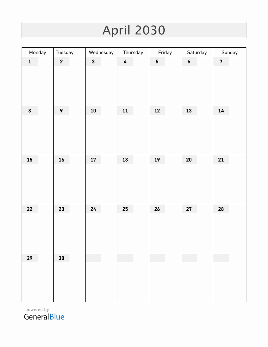 Blank April 2030 Calendar