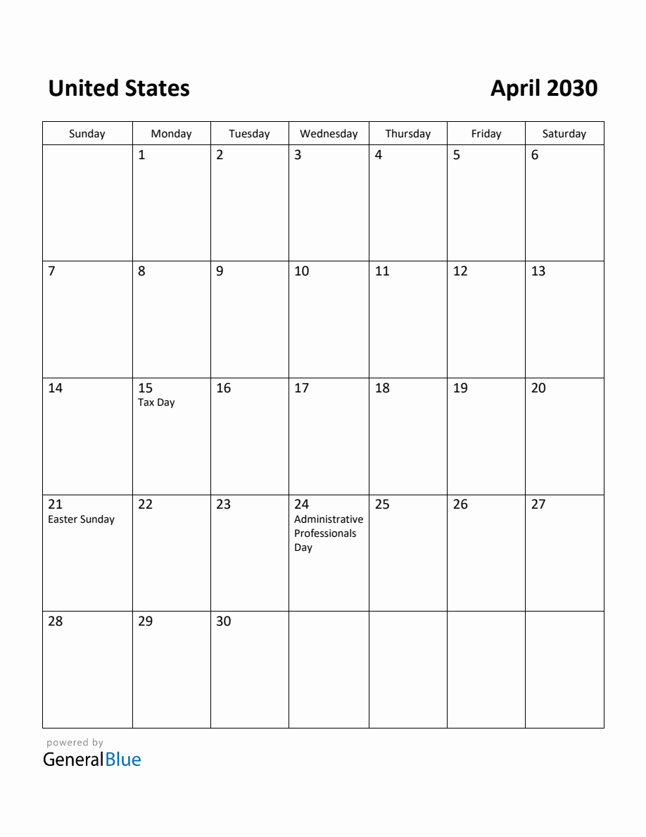 Free Printable April 2030 Calendar for United States