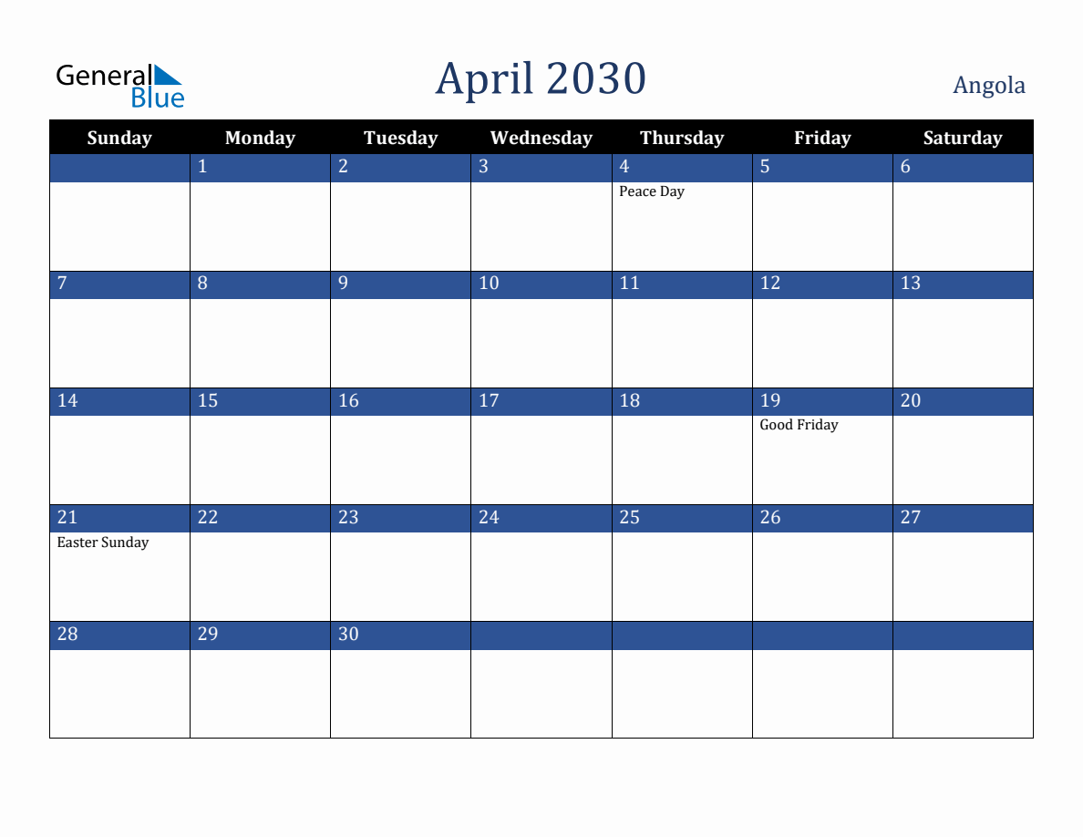 April 2030 Angola Holiday Calendar