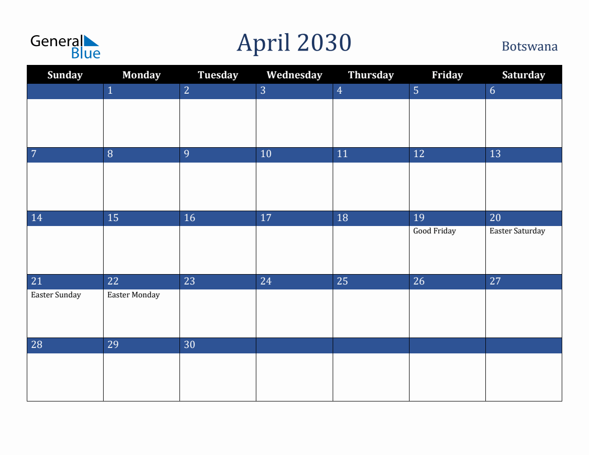 April 2030 Botswana Holiday Calendar