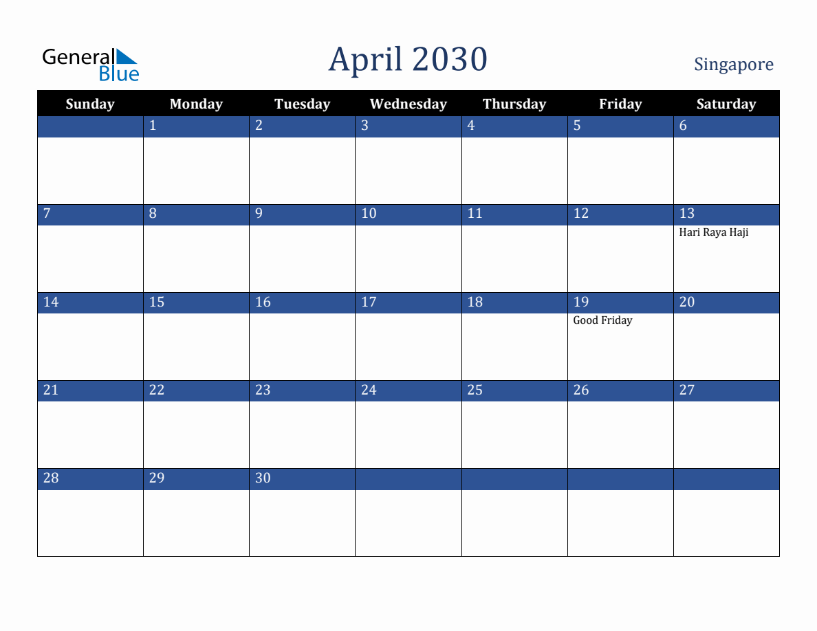 April 2030 Singapore Holiday Calendar