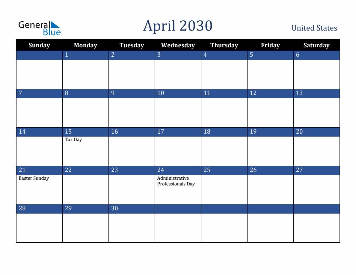April 2030 United States Holiday Calendar