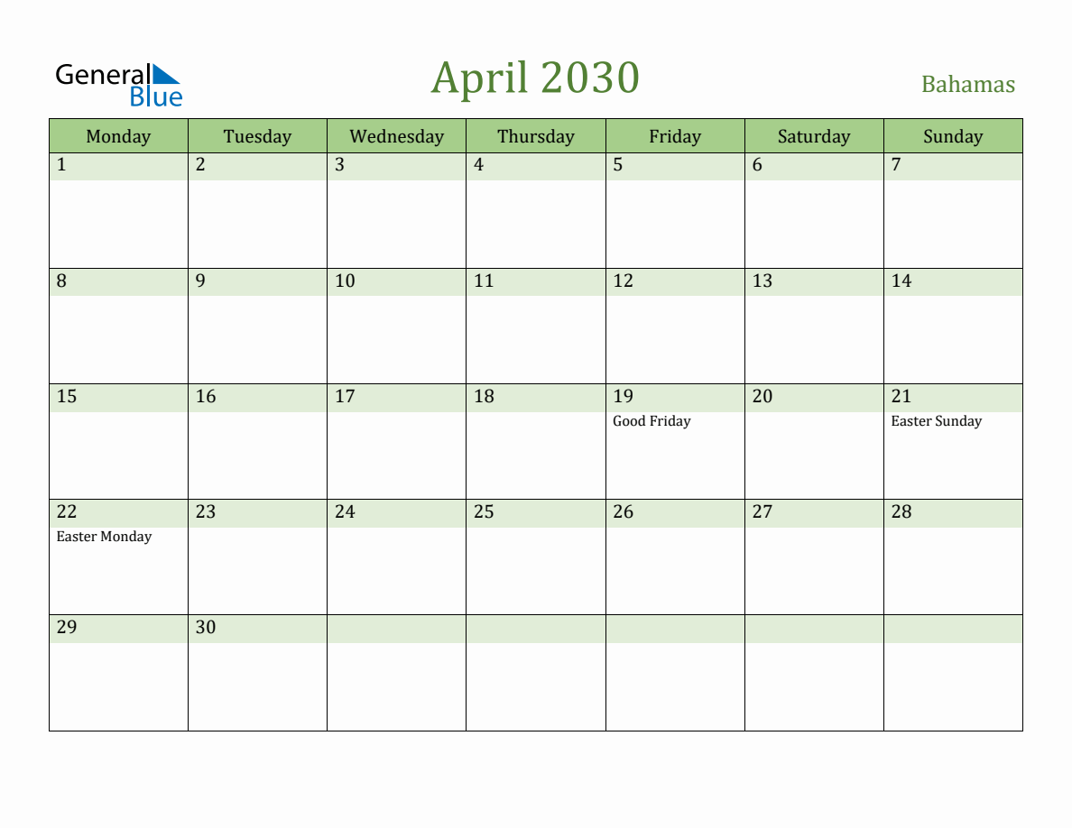 Fillable Holiday Calendar for Bahamas - April 2030 (Monday Start)