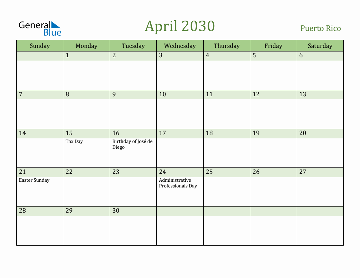 Fillable Holiday Calendar for Puerto Rico - April 2030