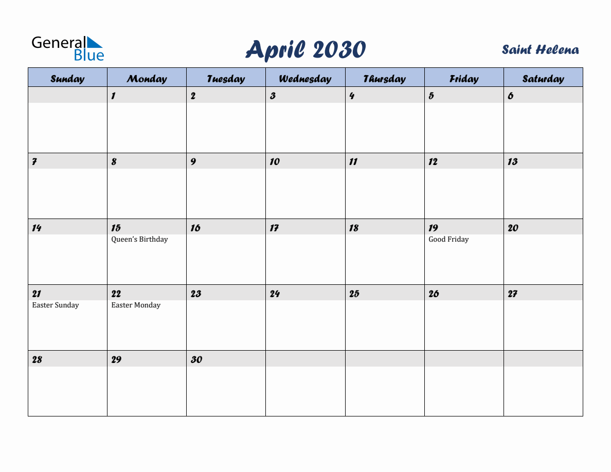April 2030 Monthly Calendar Template with Holidays for Saint Helena