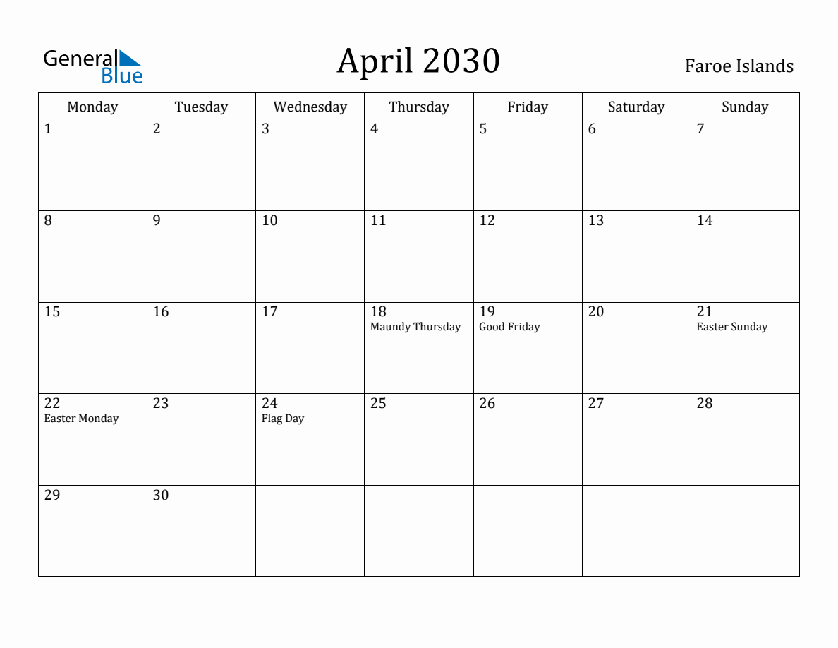 April 2030 Monthly Calendar with Faroe Islands Holidays
