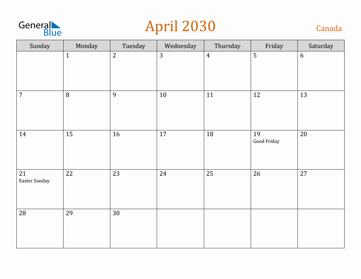 Free April 2030 Canada Calendar
