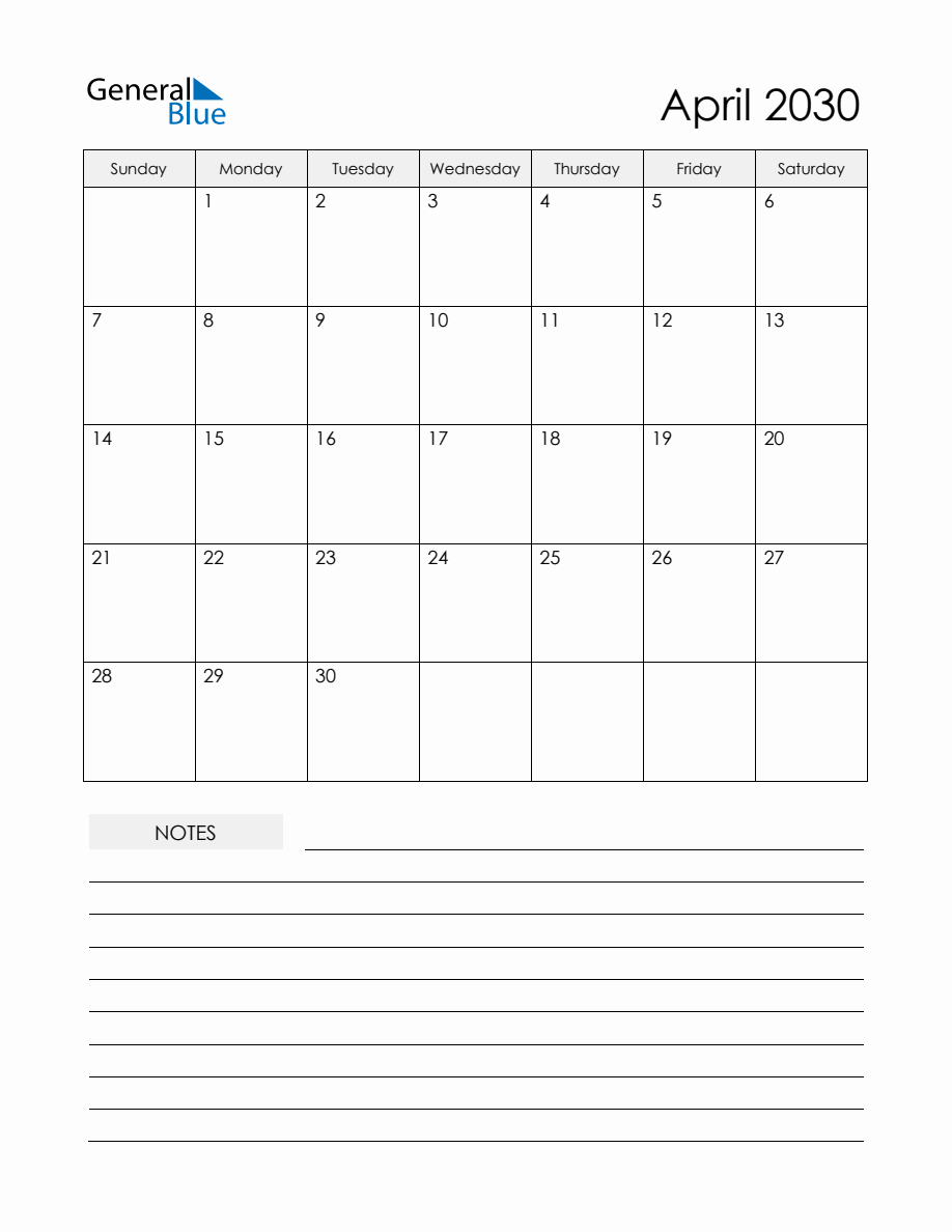 April 2030 Monthly Planner Calendar
