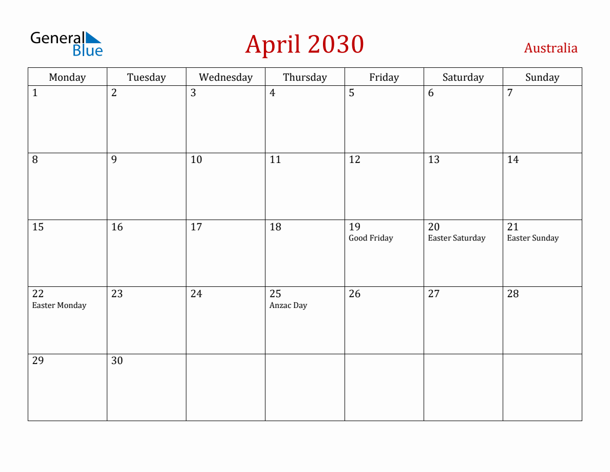 April 2030 Australia Monthly Calendar with Holidays