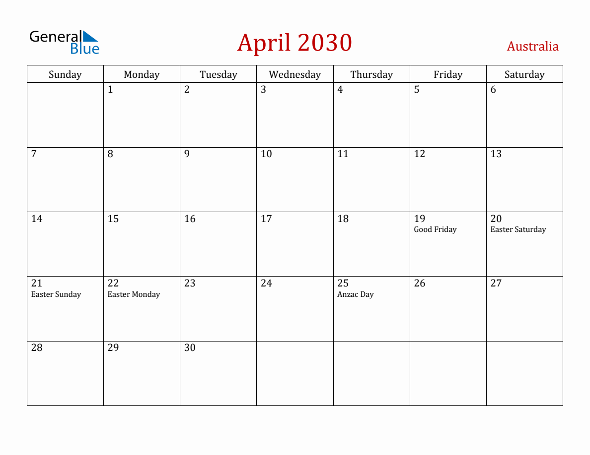 April 2030 Australia Monthly Calendar with Holidays