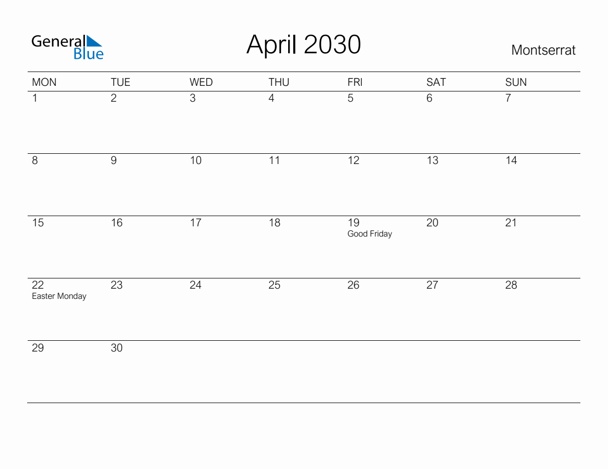 Printable April 2030 Monthly Calendar with Holidays for Montserrat ...