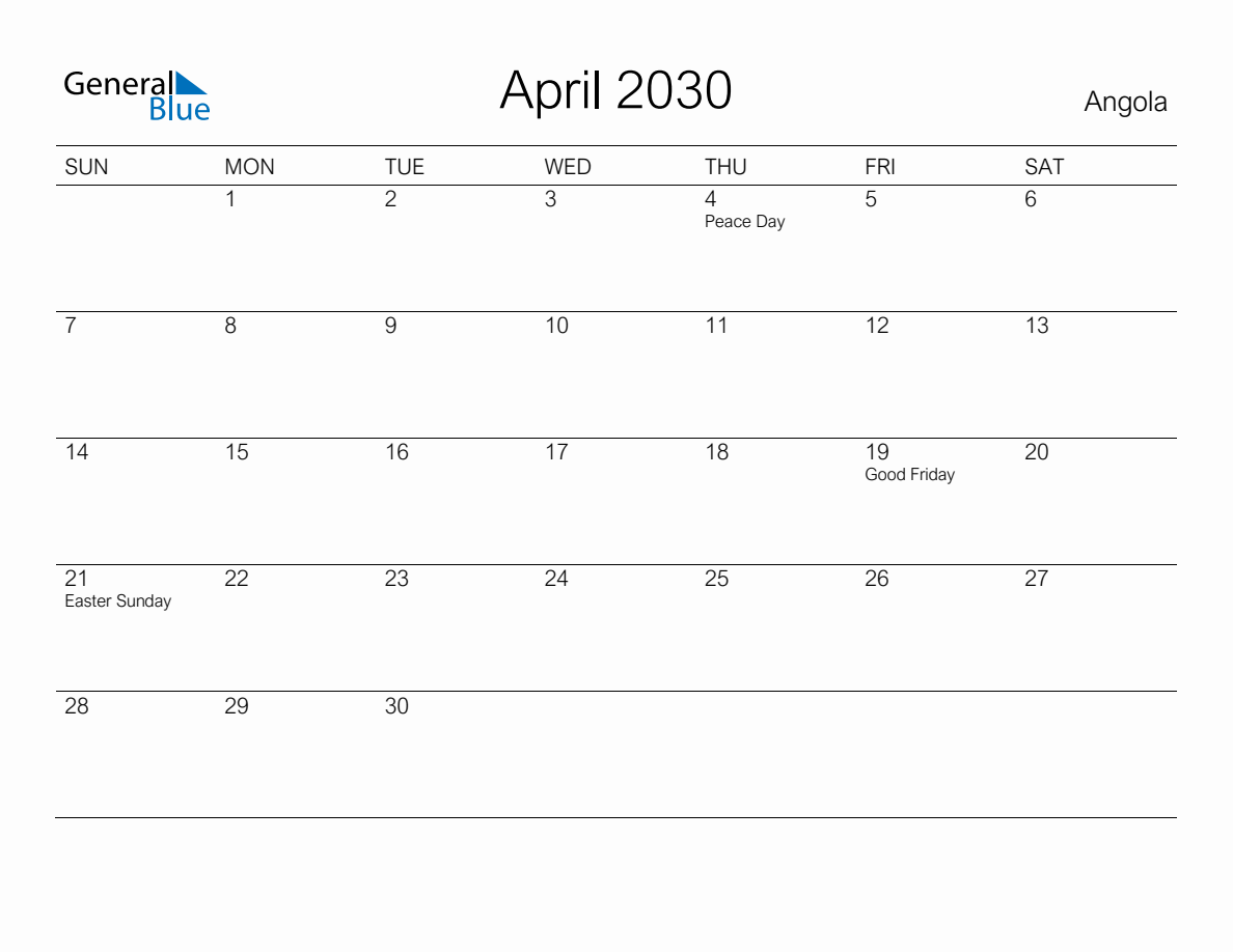 Printable April 2030 Monthly Calendar with Holidays for Angola