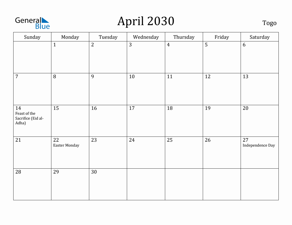 April 2030 Monthly Calendar with Togo Holidays