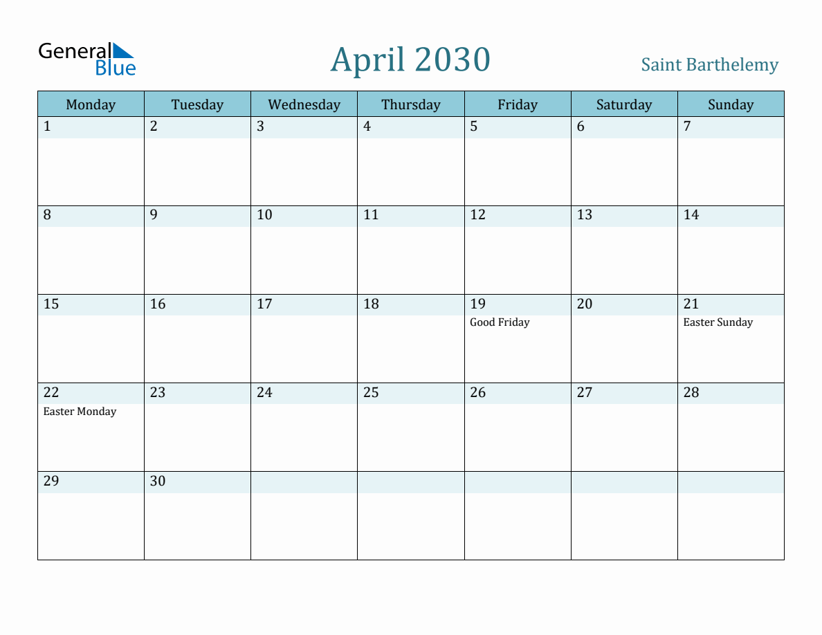 Saint Barthelemy Holiday Calendar for April 2030