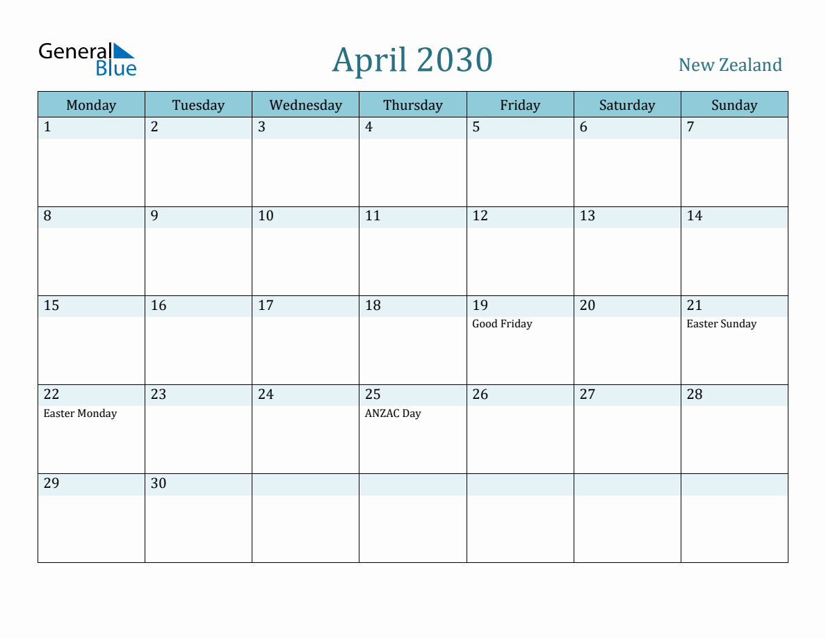 New Zealand Holiday Calendar for April 2030
