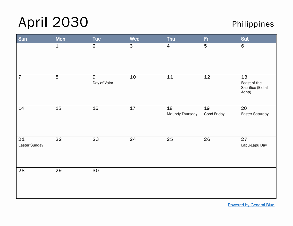 Free Monthly Calendar Template for April 2030 with Philippines Holidays