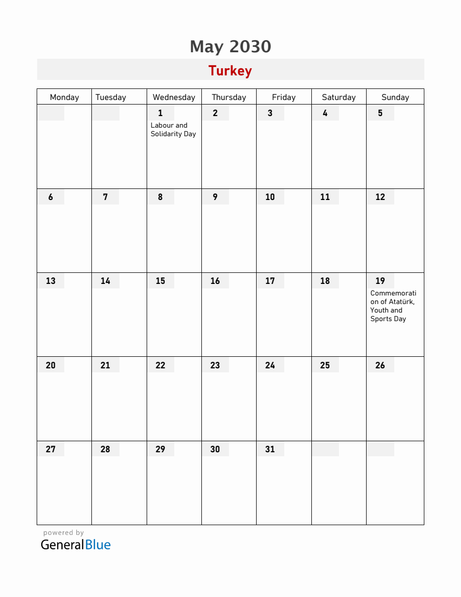 Turkey May 2030 Calendar with Holidays (Monday Start)