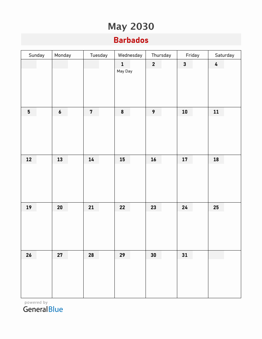 Barbados May 2030 Calendar with Holidays