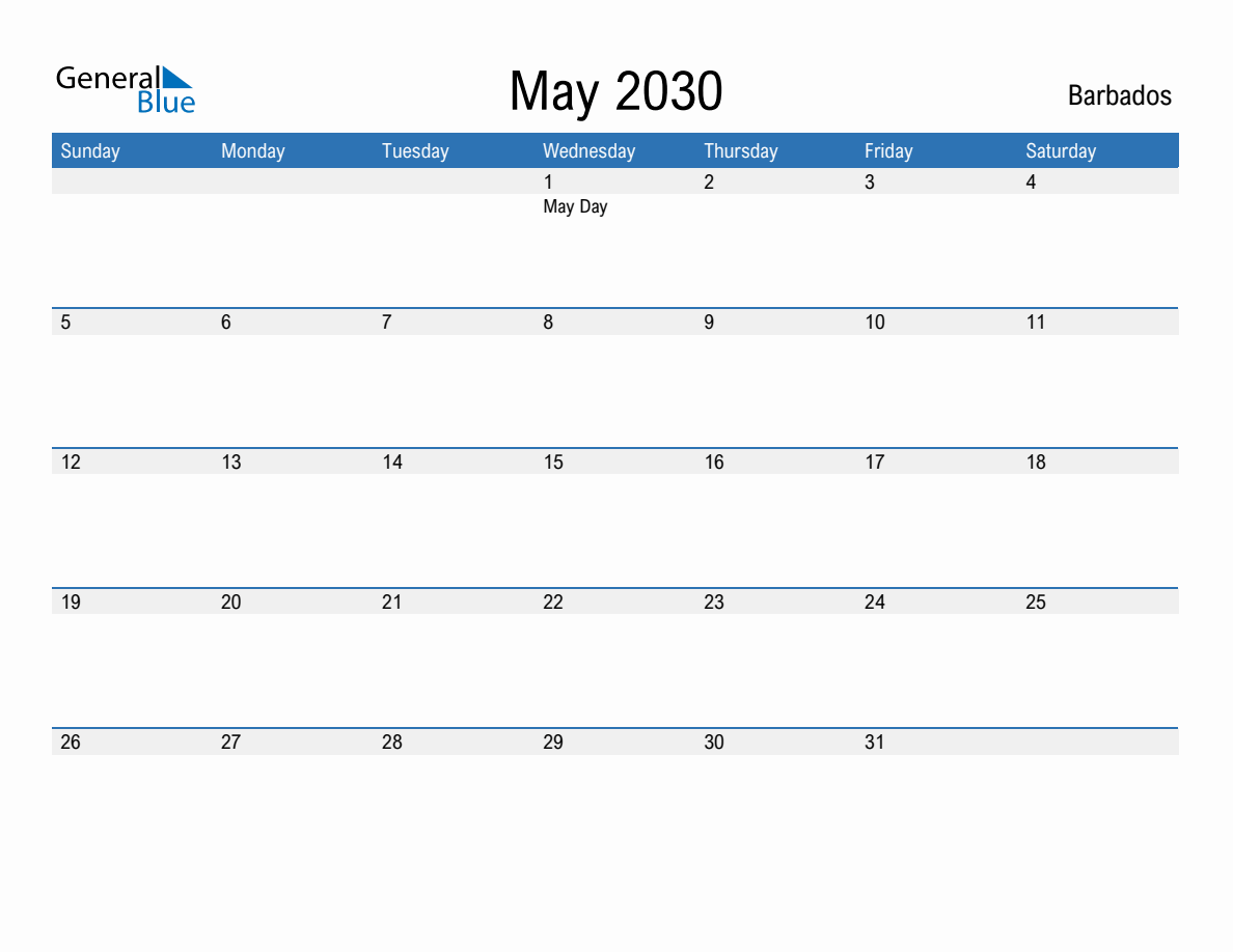 May 2030 Monthly Calendars with Barbados Holidays