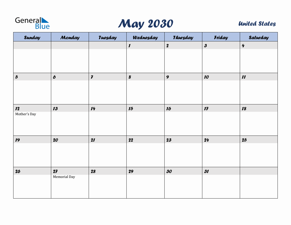 May 2030 Monthly Calendar Template with Holidays for United States