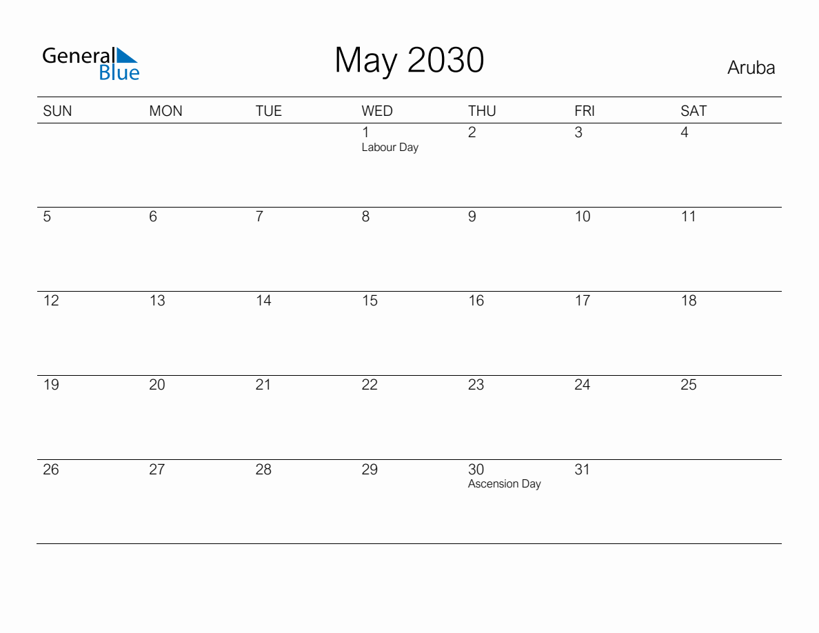 Printable May 2030 Monthly Calendar with Holidays for Aruba