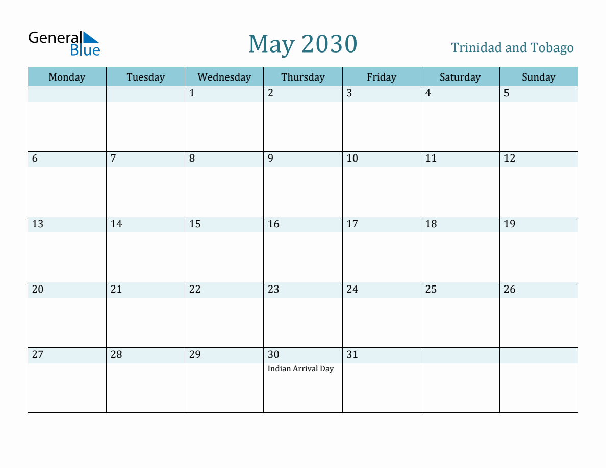 Trinidad and Tobago Holiday Calendar for May 2030 (Monday Start)