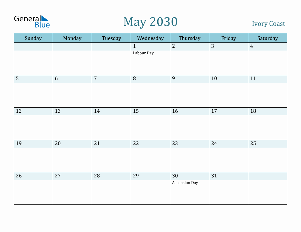 Ivory Coast Holiday Calendar for May 2030