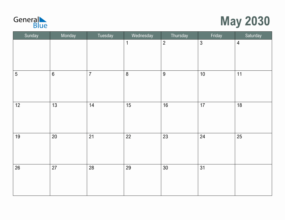 Blank May 2030 Monthly Calendar Template