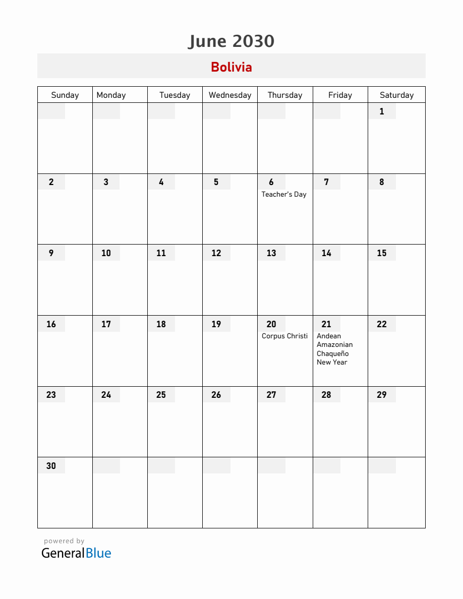 Bolivia June 2030 Calendar with Holidays