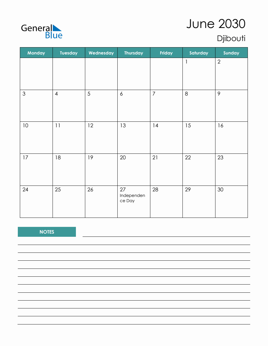 Monthly Planner with Djibouti Holidays - June 2030 (Monday Start)