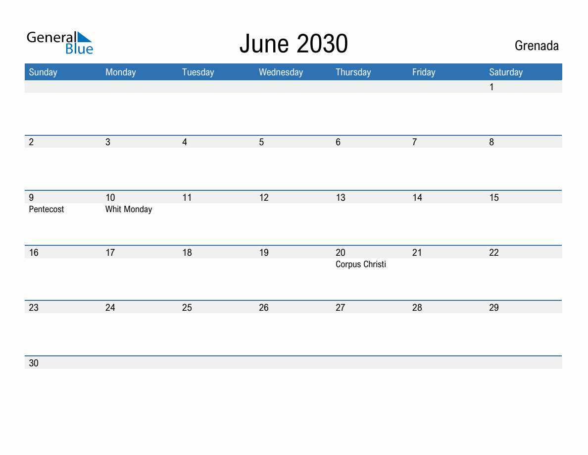 Editable June 2030 Calendar with Grenada Holidays