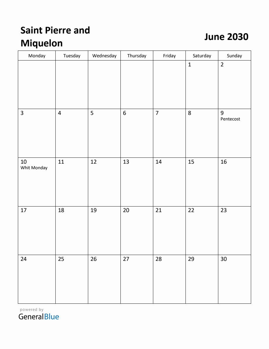 Free Printable June 2030 Calendar for Saint Pierre and Miquelon (Monday ...