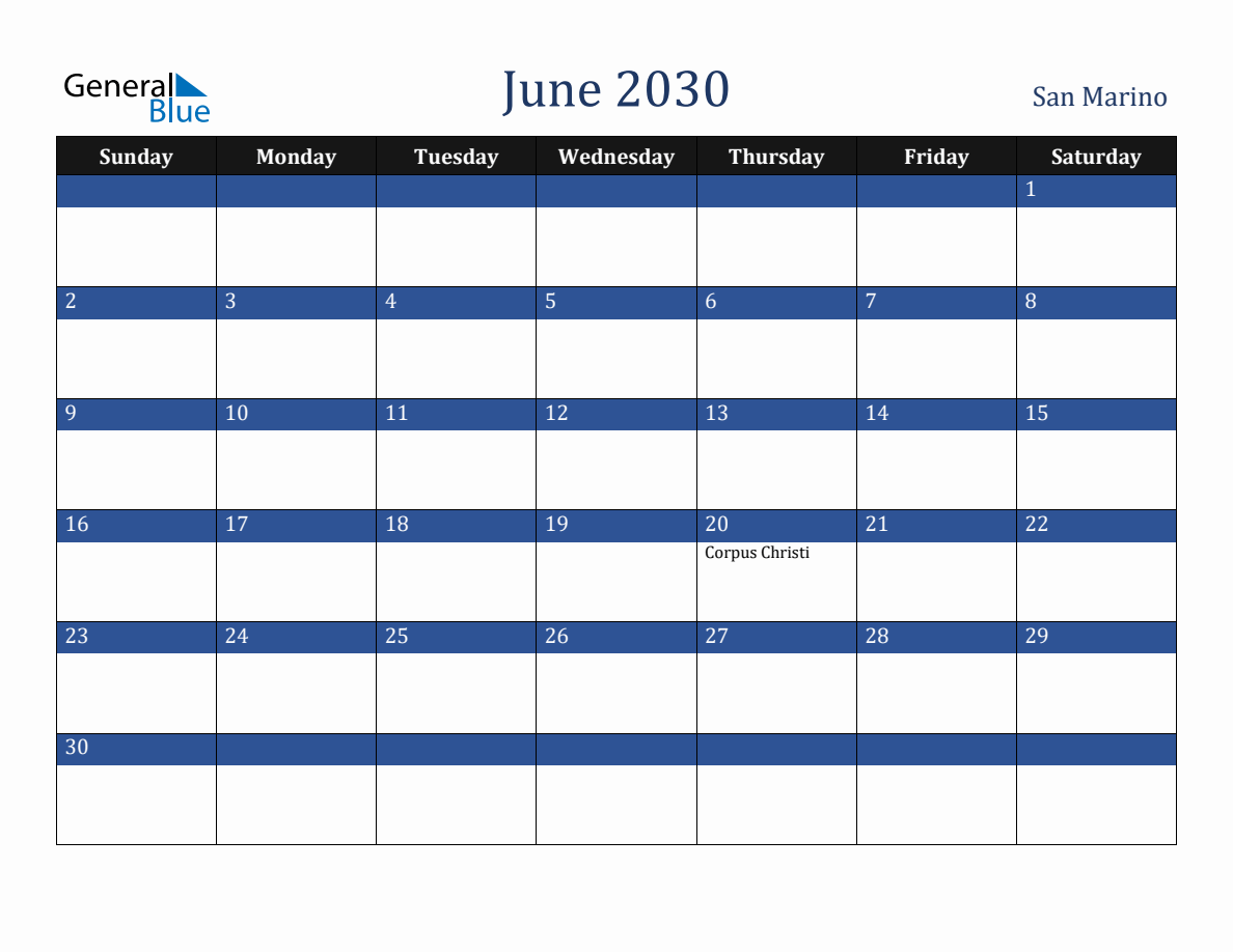 June 2030 San Marino Holiday Calendar