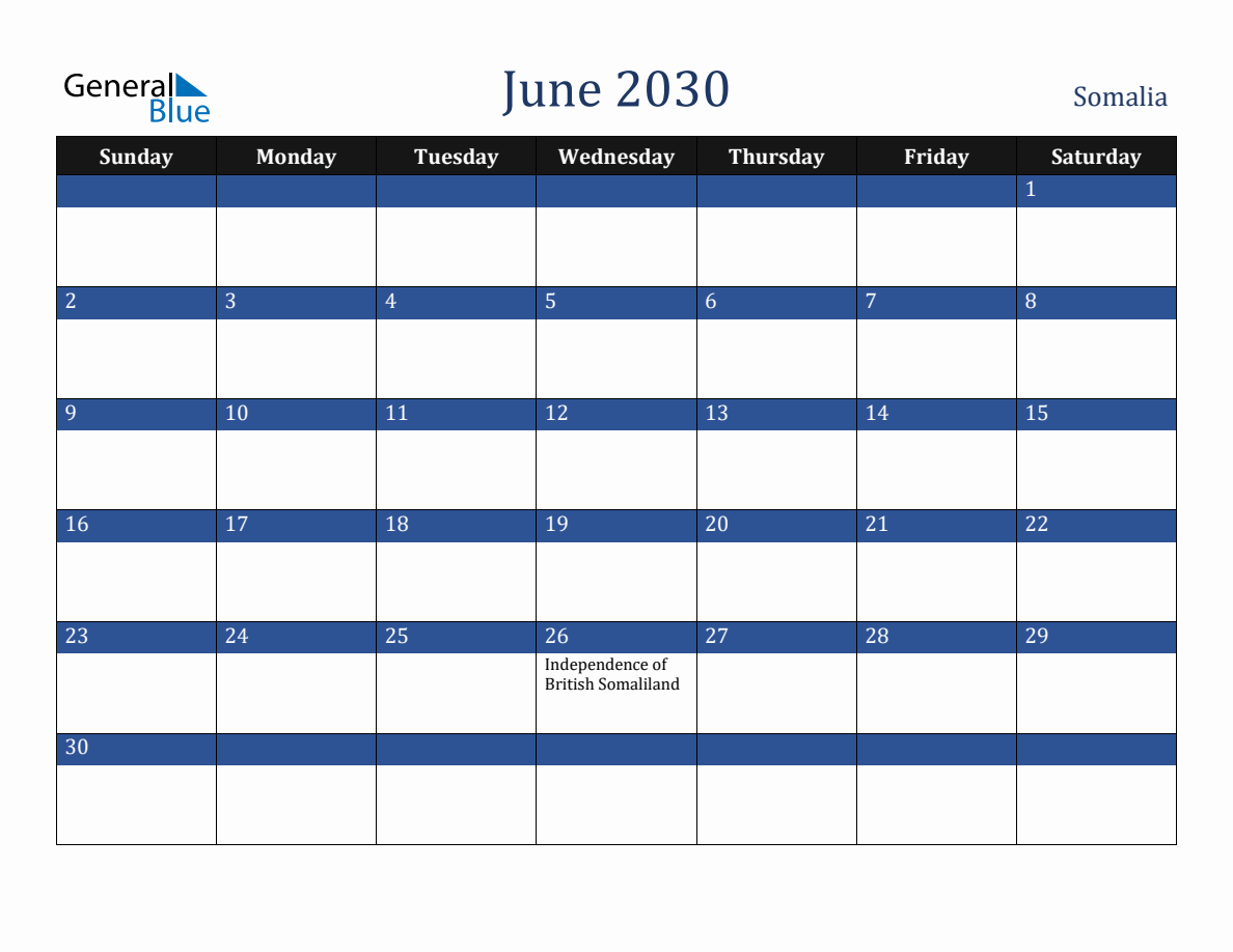 June 2030 Somalia Holiday Calendar