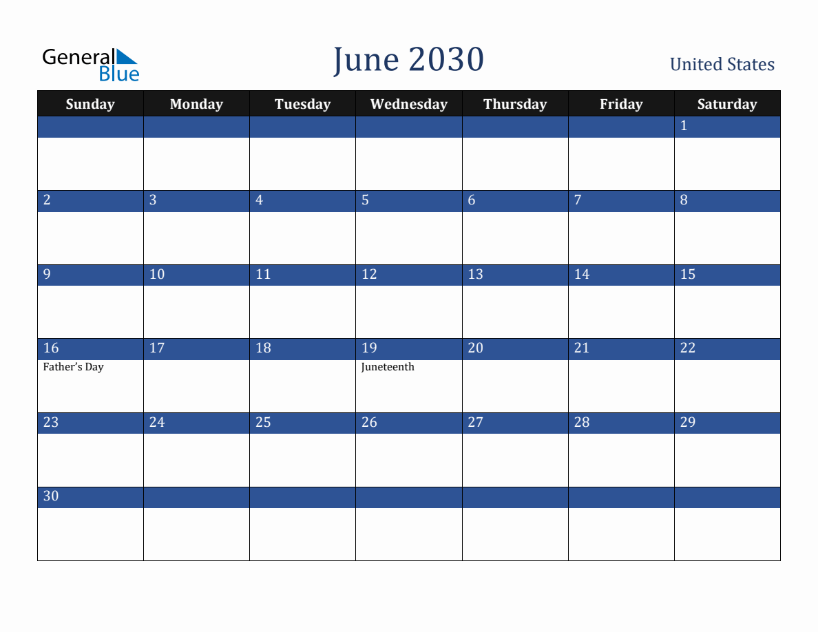 June 2030 United States Holiday Calendar