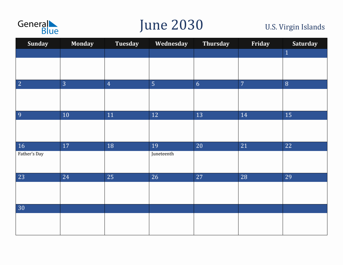 June 2030 U.S. Virgin Islands Holiday Calendar