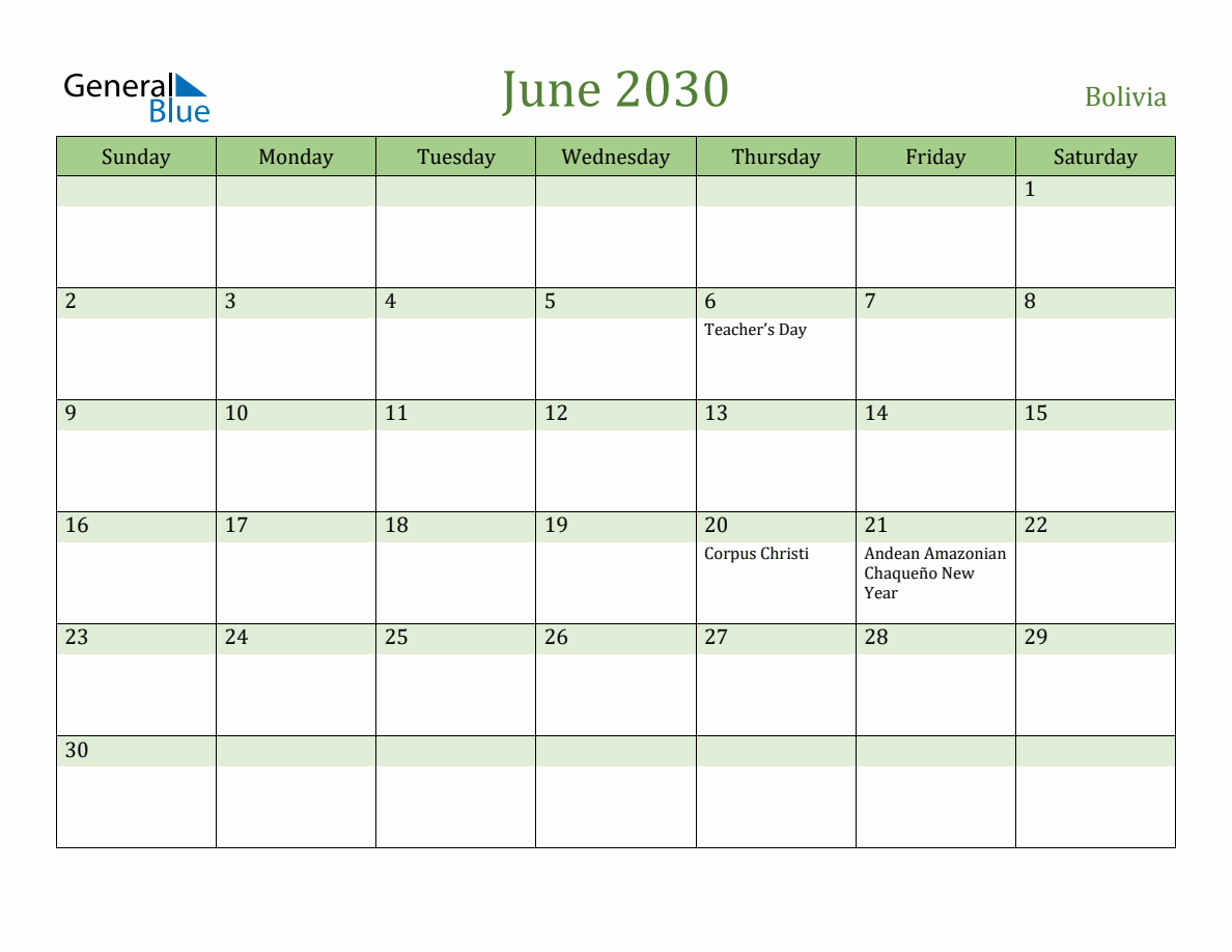 Fillable Holiday Calendar for Bolivia - June 2030