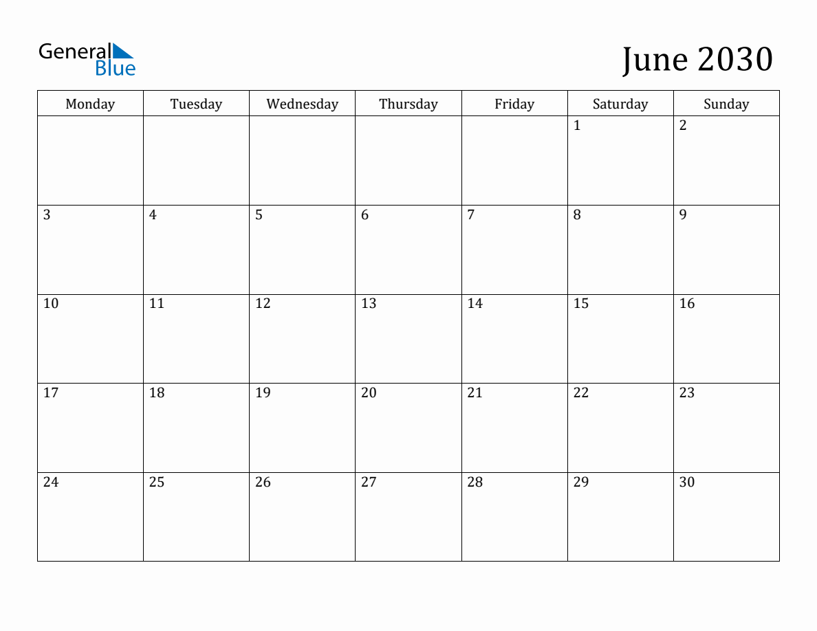 June 2030 Monday Start Calendar (PDF, Excel, Word)