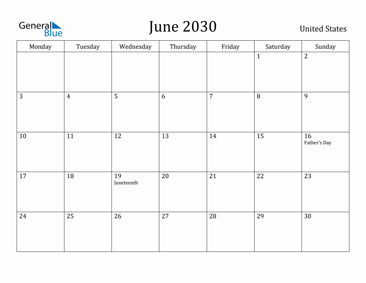June 2030 Monthly Calendar with United States Holidays (Monday Start)